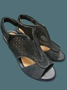 Earth | Shoes | Earth Dalia Black Nubuck Peep Toe Wedge Heel Slingback ...